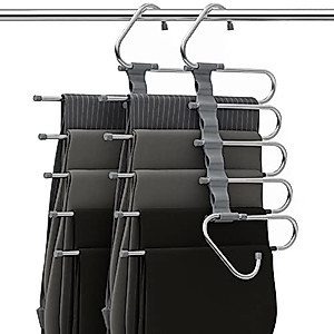 TECHMILLY Magic Pants Hangers Space Saving with Clips, 2 Pack Non-Slip Closet Organizer Hanger, Multi Use 5 in 1 Pants Rack Hanger for Jeans, Trousers, Leggings (Gray)
