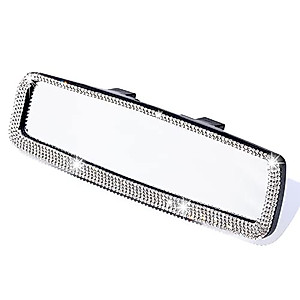 LivTee Bling Car Rearview Mirror, Decorations Rear View Mirror with HD Glass, Interior Accessories for Women and Teens - White