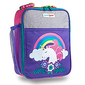 Good Gear Insulated Lunch Bag for Kids w/ Water Bottle Holder & Large Compartment, Unicorn School Girls Lunchbox, Pink/Purple