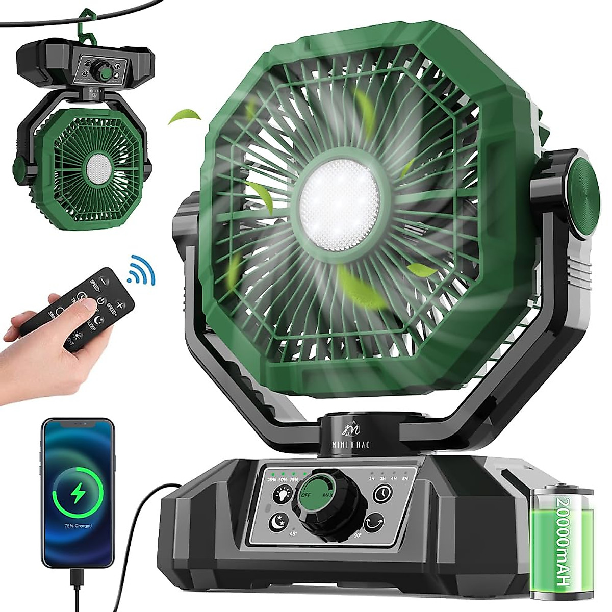 Minlebao Portable Camping Fan with LED Lantern,20000mAh Battery Operated,7-In Rechargeable Fan,Remote Control & Strong Hook & Rotate Head,8 Adjustable Speed, Tent FanTable Fan for Camping Fishing