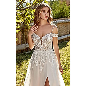 SEIM Plus Size Womens Lace Applique Bodice 2023 Wedding Dress with Slit White Long Empire Waist Off Shoulder Beach Wedding Dress with Slit for Bride 16W