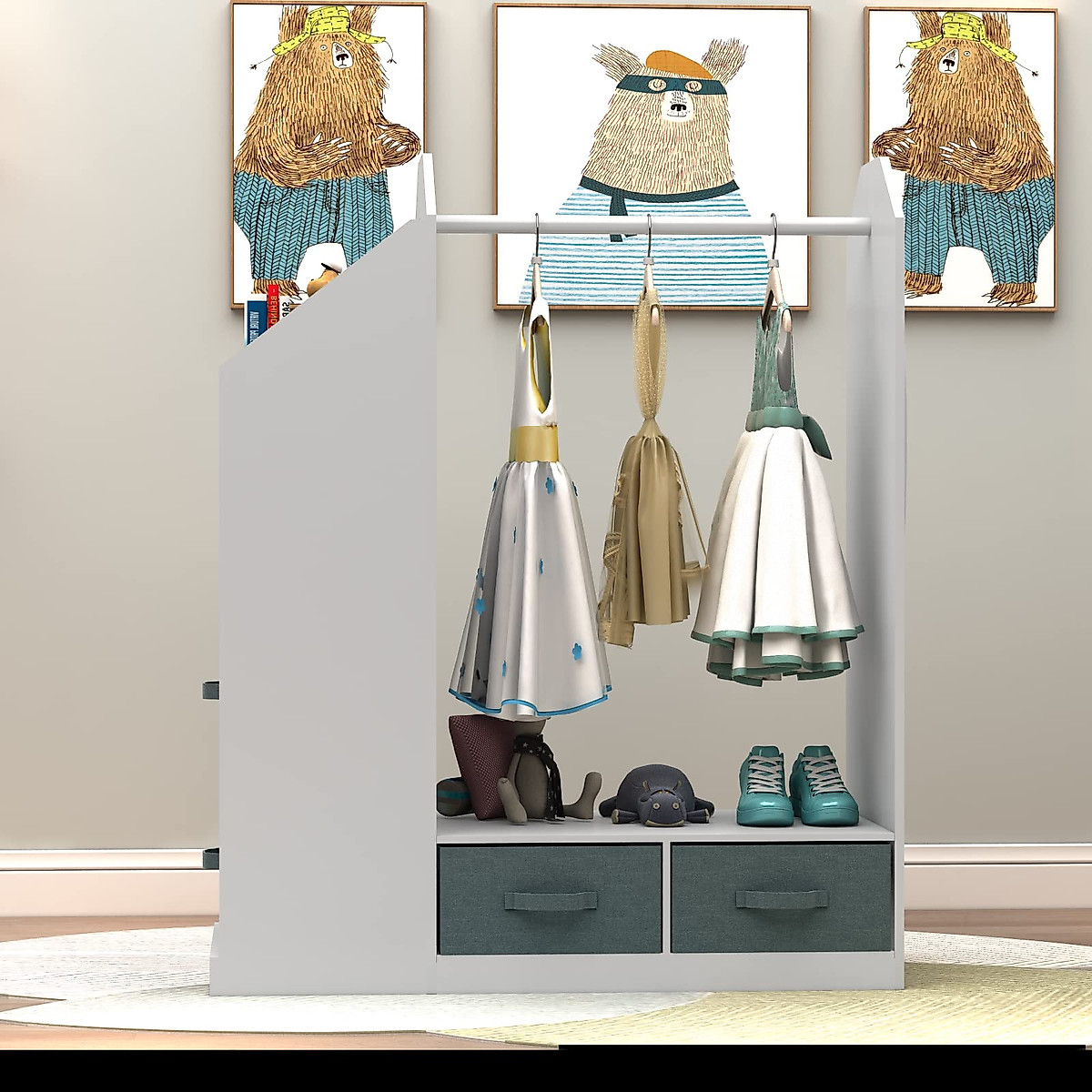 Kids Costume Organizer,Costume Rack, Kids Dress up Storage with Mirror and Storage Bin,Open Hanging Kids Play Armoire Dresser with Mirror,Pretend Storage Closet for Kids,Costume Storage Dresser,WHITE