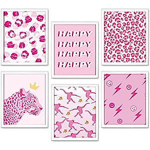 Chinco 6 Pieces Preppy Room Decor Aesthetic Wall Art Hot Pink White cheetah Print Wall Decor Cute Pink Posters for Teen Girls Dorm Bedroom Wall Decorations, Unframed, 8 x 10 Inches