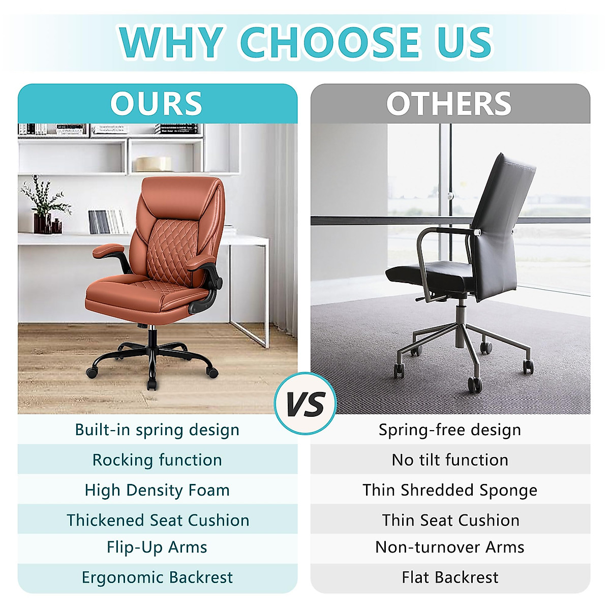 BestEra Office Chair, Executive Leather Chair Home Office Desk Chairs, Ergonomic Computer Desk Chair with Adjustable Flip-Up Arms, Lumber Support Swivel Task Chair with Rocking Function (Brown)