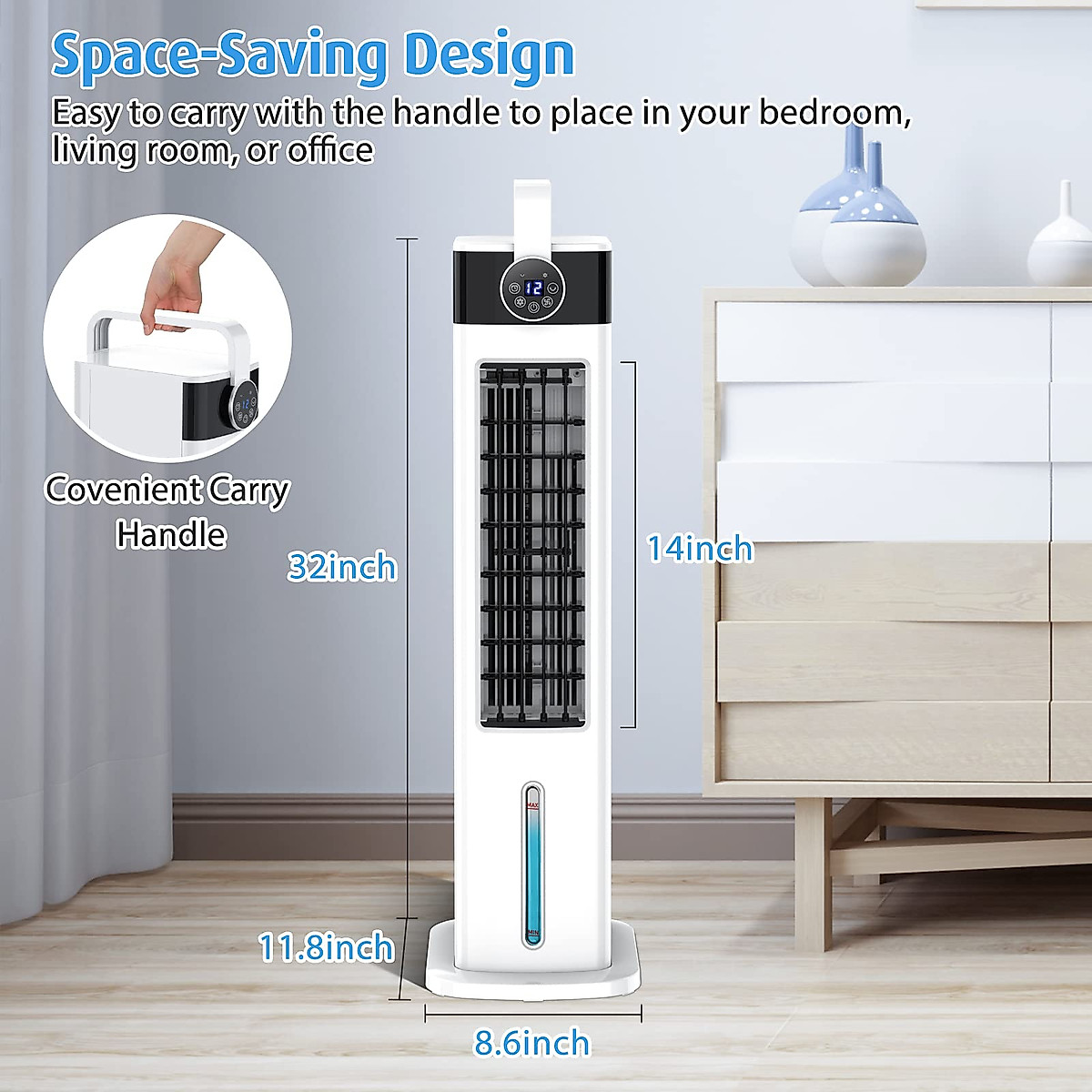 Evaporative Air Cooler, Portable Air Conditioner Fan, 35'' Evaporative Cooler with 3 Speeds & 52°Oscillation, 12-H Timer Remote Control Swamp Cooler w/Cooling Function for Home & Office
