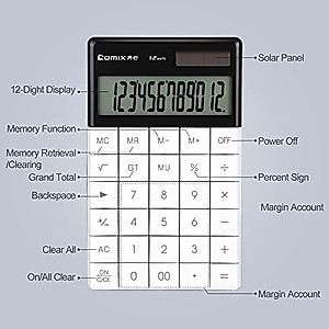 Comix Desktop Calculator with Large LCD Display and Big Button, 12 Digits Baisc Calculator, Battery Solar Dual Powered, for Office Home School C-1371 (White)