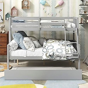 Zaboro Twin Over Full Bunk Bed with Trundle, Convertible into 2 Beds, Pine Wood 3 in 1 Bunk Bed Frame with Ladder and Safety Guardrails for Children, Teens, Adults, No Box Spring Needed, Gray