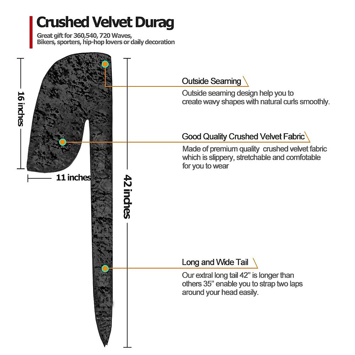 ASHILISIA 2 PCS Crushed Velvet Wave Durag – Premium Soft Durag Headwear with Extra Long Tail Perfect for 360 Waves