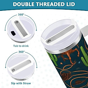 Jihqo Western Cowboy Hats Horses 40 oz Stainless Steel Vacuum Insulated Tumbler with Handle and Straw Lid, Leakproof Water Bottle Double Wall Travel Mug Coffee Cup, Cupholder Friendly