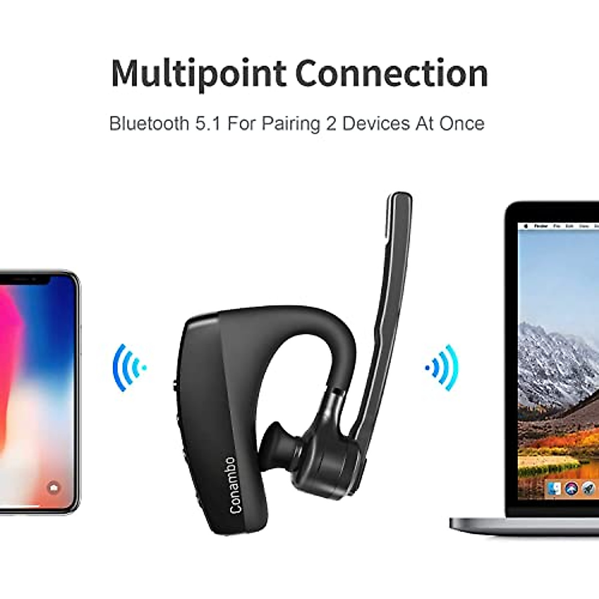 Conambo Bluetooth Headset 5.1 with CVC8.0 Dual Mic Noise Cancelling Bluetooth Earpiece 16Hrs Talktime Wireless Headset Hands-Free Earphone for Truck Driver iPhone Android Cell Phones