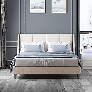 BALUS Wingback King Size Bed Frame, Upholstered Platform Bed Frame with 2 Pockets,Bed Frame with Wooden Slats Support, No Box Spring Needed/Easy Assembly/No Mattress (King, Beige)