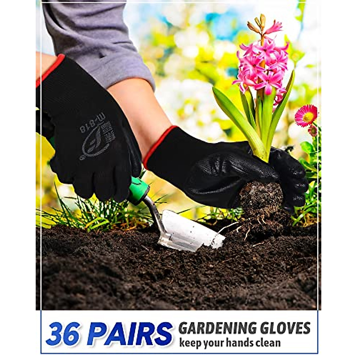 Honeydak 36 Pairs Gardening Gloves for Men Women Breathable Rubber Coated Garden Gloves Men Safety Work Gloves (Blue, Black)