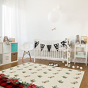 Indoor Area Rug - Welcome Mat Living Room Area Rugs Washable Non-Slip Floor Carpet for Bedroom Farmhouse Dorm (Merry Christmas Red Poinsettia Berries Burlap Red Plaid, 5'x8')