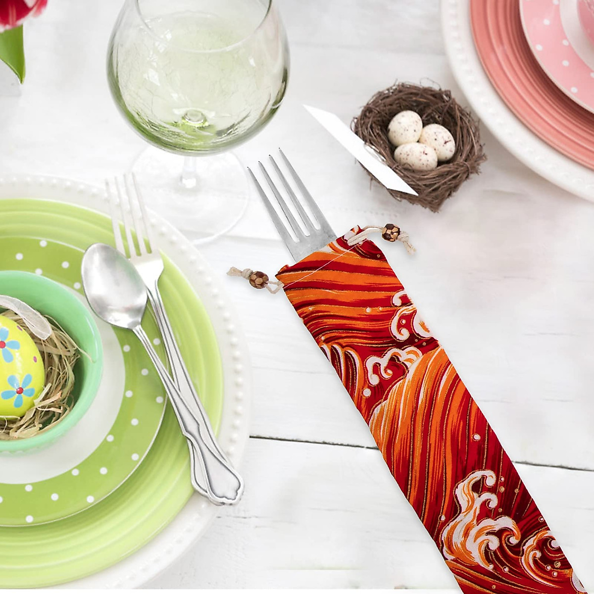 Cabilock Straw Purse 4Pcs Japanese Wave Silverware Holder Chopstick Sleeve Cutlery Pouch Drawsrtings Storage Bag Knife Fork Covers for Fans Tableware Party Favors Hand Fan Protector Pouch