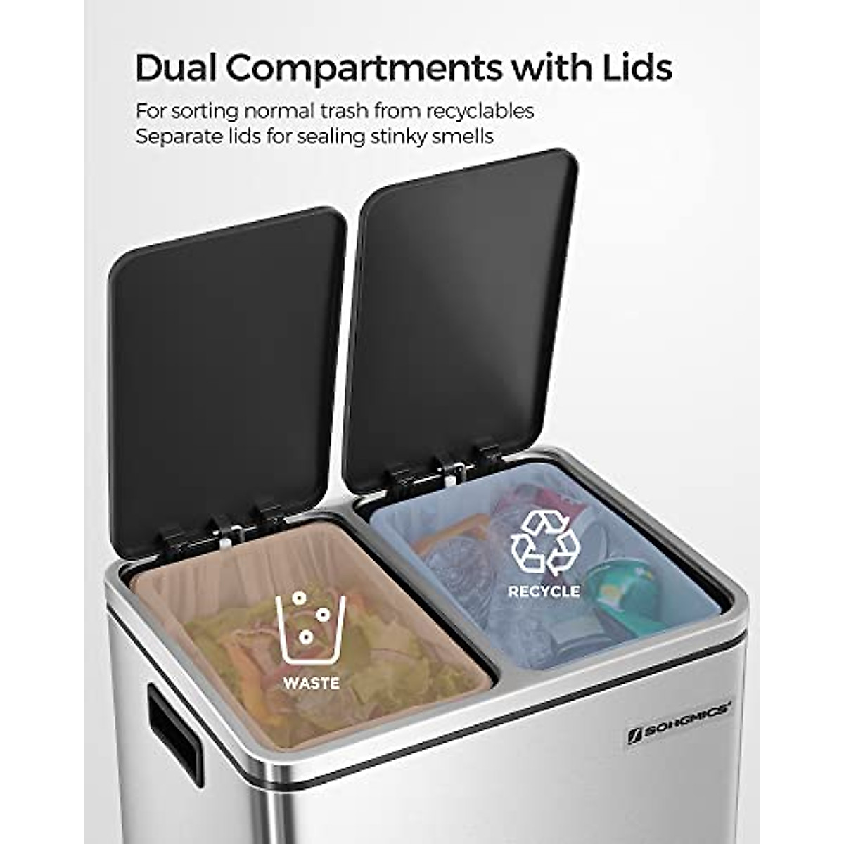 SONGMICS Dual Trash Can, 2 x 4 Gal (2 x 15L) Garbage Can, Steel Pedal Recycle Bin with Lid and Inner Buckets, for Small Kitchens, Fingerprint-Proof, Soft Closure, Airtight, Silver ULTB30H