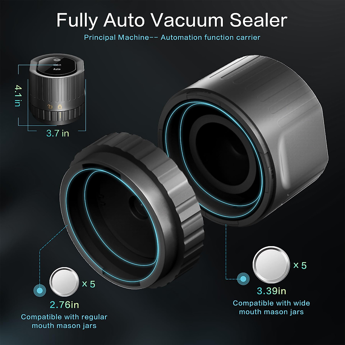 MASONKING Electric Mason Jar Vacuum Sealer, Unique Mothers Day Gifts, Jars Vacuum Sealer Kit for Wide Mouth and Regular Mouth Mason Jars Canning, Fully Automatic