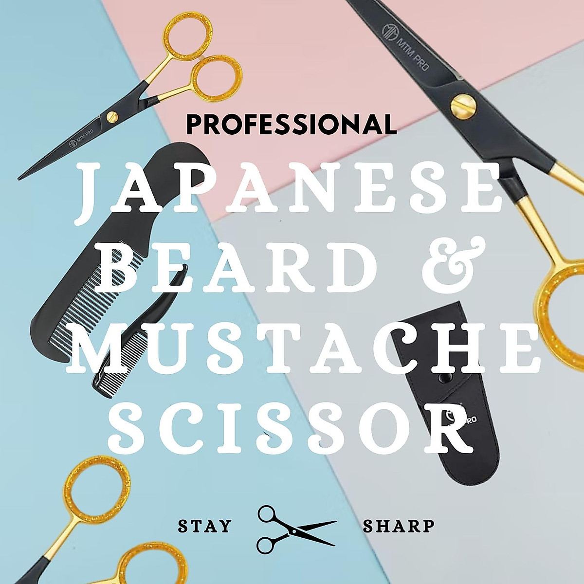 MTM PRO Professional Beard & Mustache Scissors with Mustache Comb Grooming kit For Men Beard Trimming Scissors, Small Grooming Scissors Men, Mustache & Beard Scissors (Black, Gold, 5 inches)