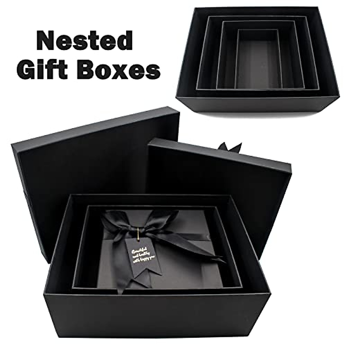 KeaJuidy 4pcs Black Gift Boxes with Lids for Presents, Nested Gift Boxes Set Empty Gift Box for Wrapping Gifts Gift Wrap Boxes for Birthdays, Anniversaries, Weddings, Valentines