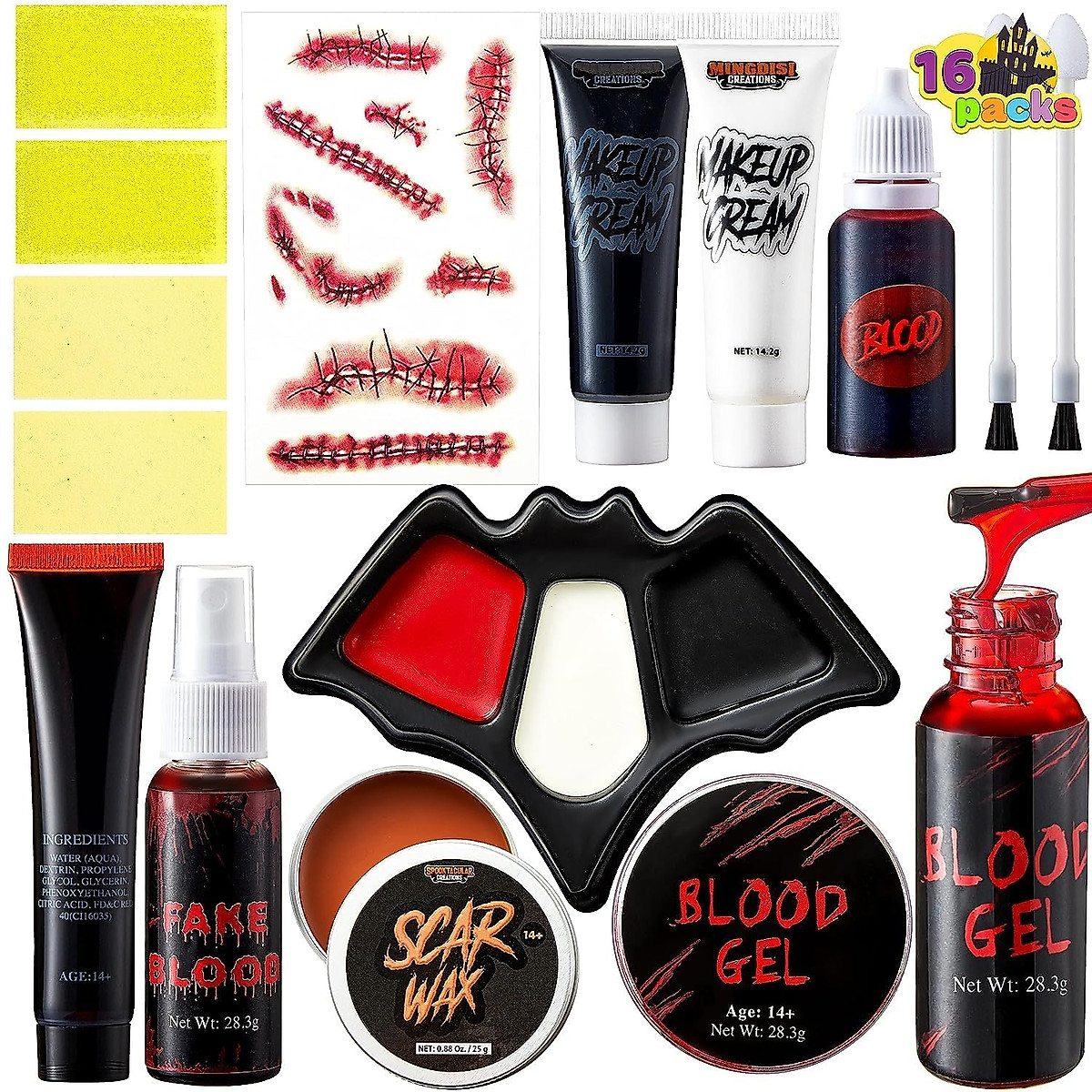 Spooktacular Creations 16 Pcs Halloween Family Makeup Kit Face Body Paint with Liquid Blood Gel, Fake Blood and More Easy On & Easy Off Makeup Set for Cosplay Halloween Party Supplies