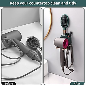 letaii Hair Dryer Holder Wall Mounted, 2-in-1 Self Adhesive Blow Dryer Holder for Bathroom, Fits Dyson Hair Dryers & More, Dark Green