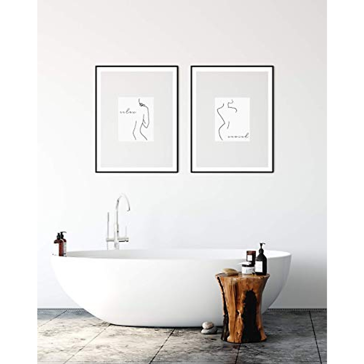 Abstract Minimalist"Relax, Unwind" Wall Decor - Set of 2-8"x10" UNFRAMED Prints - Modern, Minimal, Black And White Line Art - Female Figure Silhouette - Bathroom Wall Decor