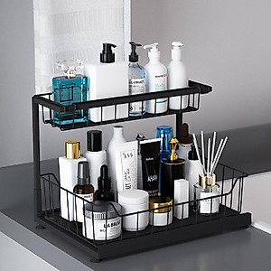 JTWEB Under Sink Organizer: L-Shaped Metal Pull Out, Ideal for Kitchen and Bathroom Sink Organization, Black