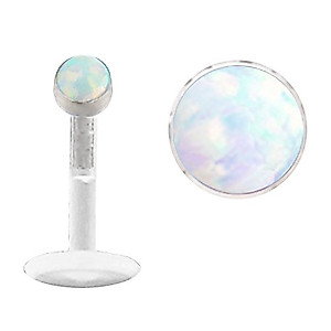 White Fire Synthetic Opal Flex Flexible Bioplastic Labret Monroe Lip Tragus Piercing bar Body Jewelry Ring 14g, 14 Gauge