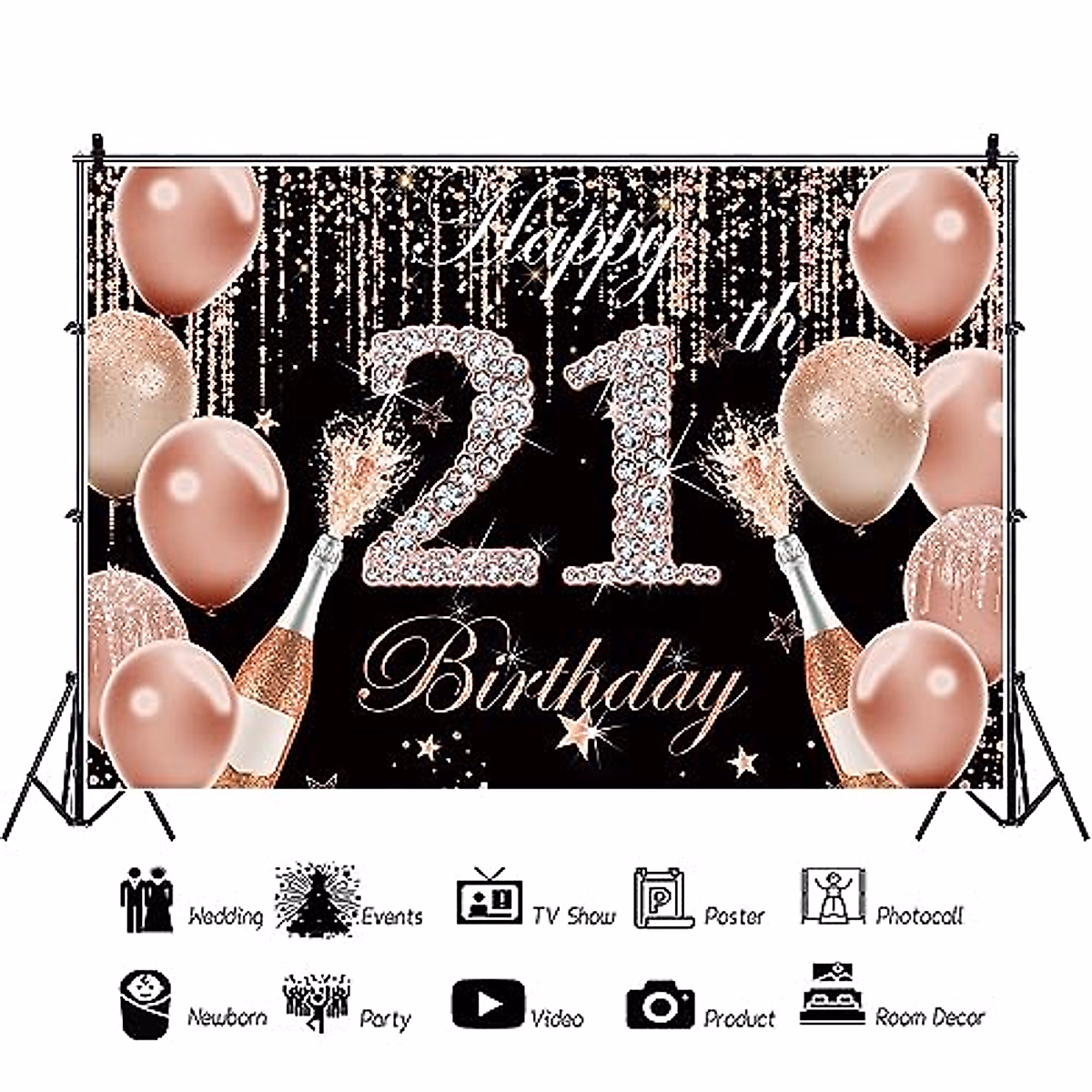 CRTPOD 10x8ft 21th Birthday Backdrop for Photography Rose Gold Balloon Champagne Diamond Glitter Background for Girl Women Birthday Party Cake Table Banner Photoshoot Studio Props