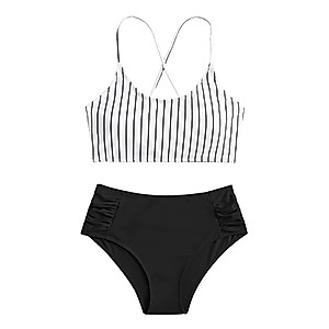 SweatyRocks Women's Bathing Suits Striped Criss Cross Bikini Set High Waisted Swimsuits Solid Black X-Small