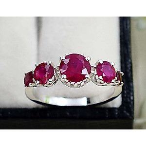 7 MM Round Cut Natural Red Ruby Gemstone 925 Sterling Silver July Birthstone Three Stone Proposal Ring For Girlfriend Gift (Rose Gold Rhodium Plated Silver, 9)