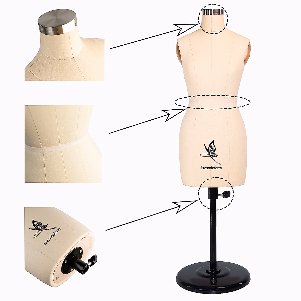 lavandeform Half Scale Dress Form（Not Adult Full Size） 1:2 Miniature Sewing Half Size Mannequin. straightly into Body Inside, Fully Pinnable Dressmaker Dummy. (Black)