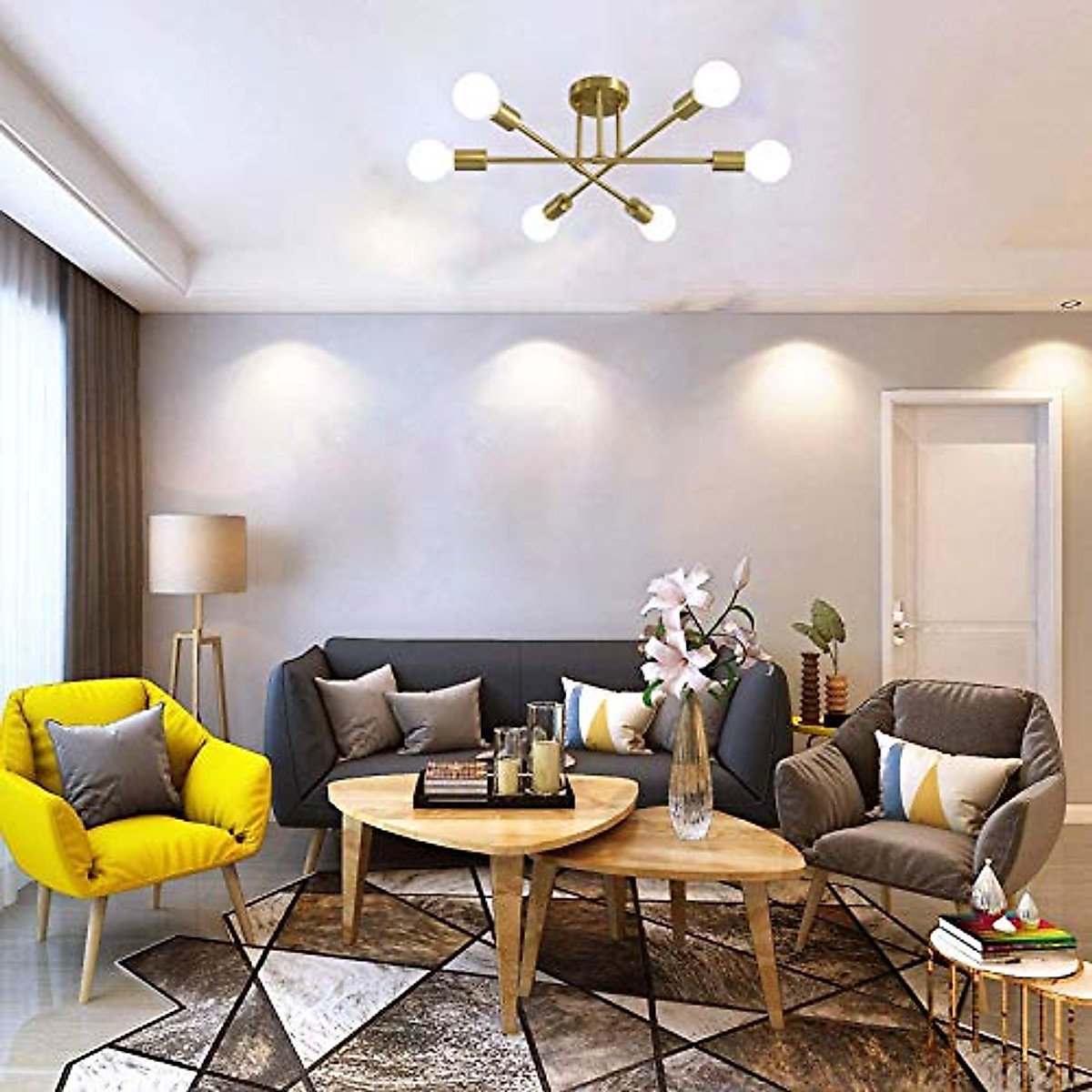 Mid Century Ceiling Light Fixture,Adjustable 6-Light Sputnik Chandelier,Semi-Flush Mount Pendant Lighting,Industrial Vintage Lighting Fixtures Plating Finish for Kitchen Dining Room Bedroom Foyer