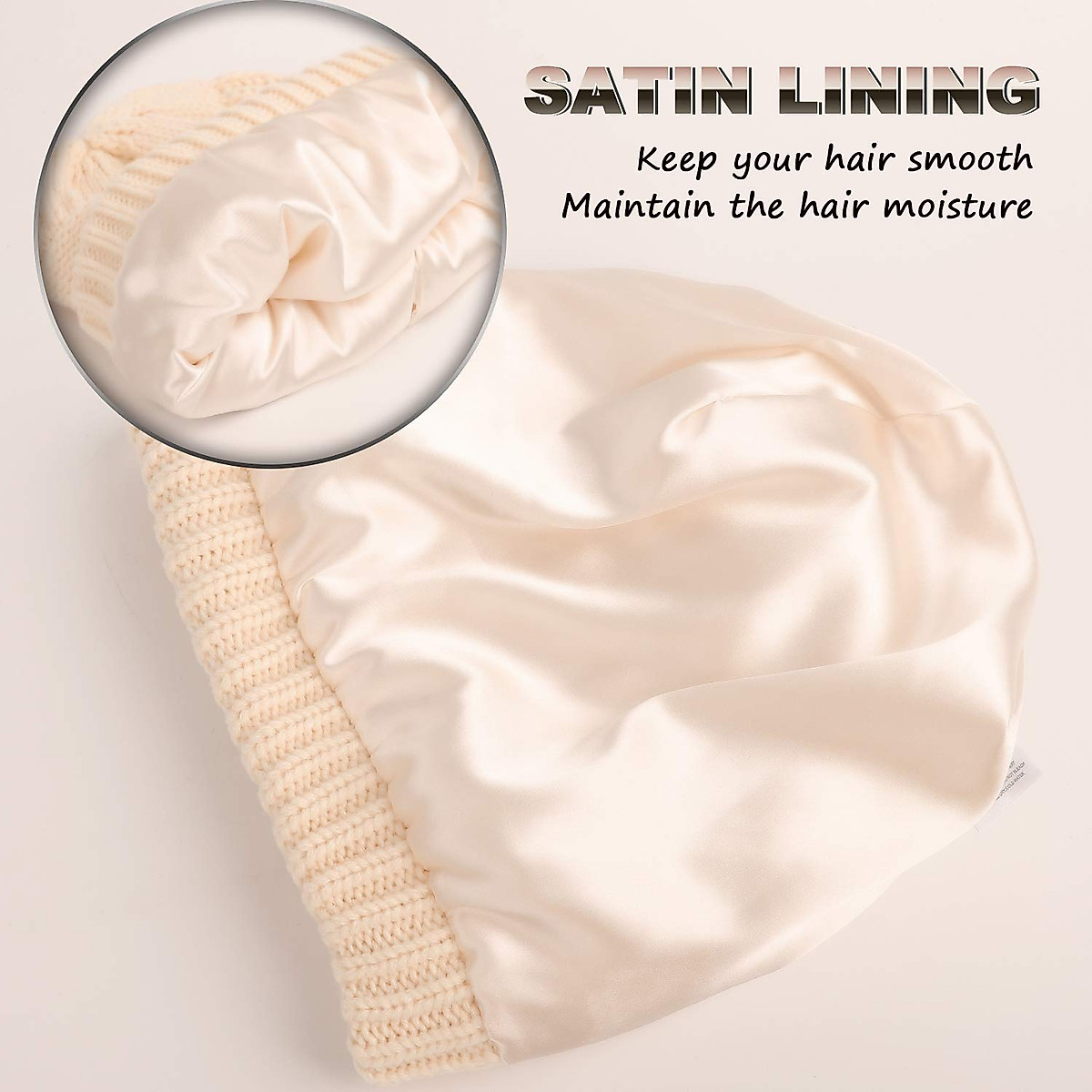 Winter Knit Beanie for Women Satin Lined Cable Thick Chunky Cap Mens Soft Lined Slouchy Warm Hat Beige