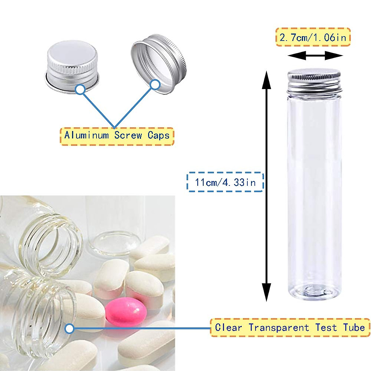 24 Pcs 50ml Flat-Bottomed Transparent Test Tube with Aluminum Screw Caps,Non-breakable Clear Plastic Organizer with Leak-proof Lids,Plastic Storage Tubes for Candy,Bath Salt,Granules and Liquids