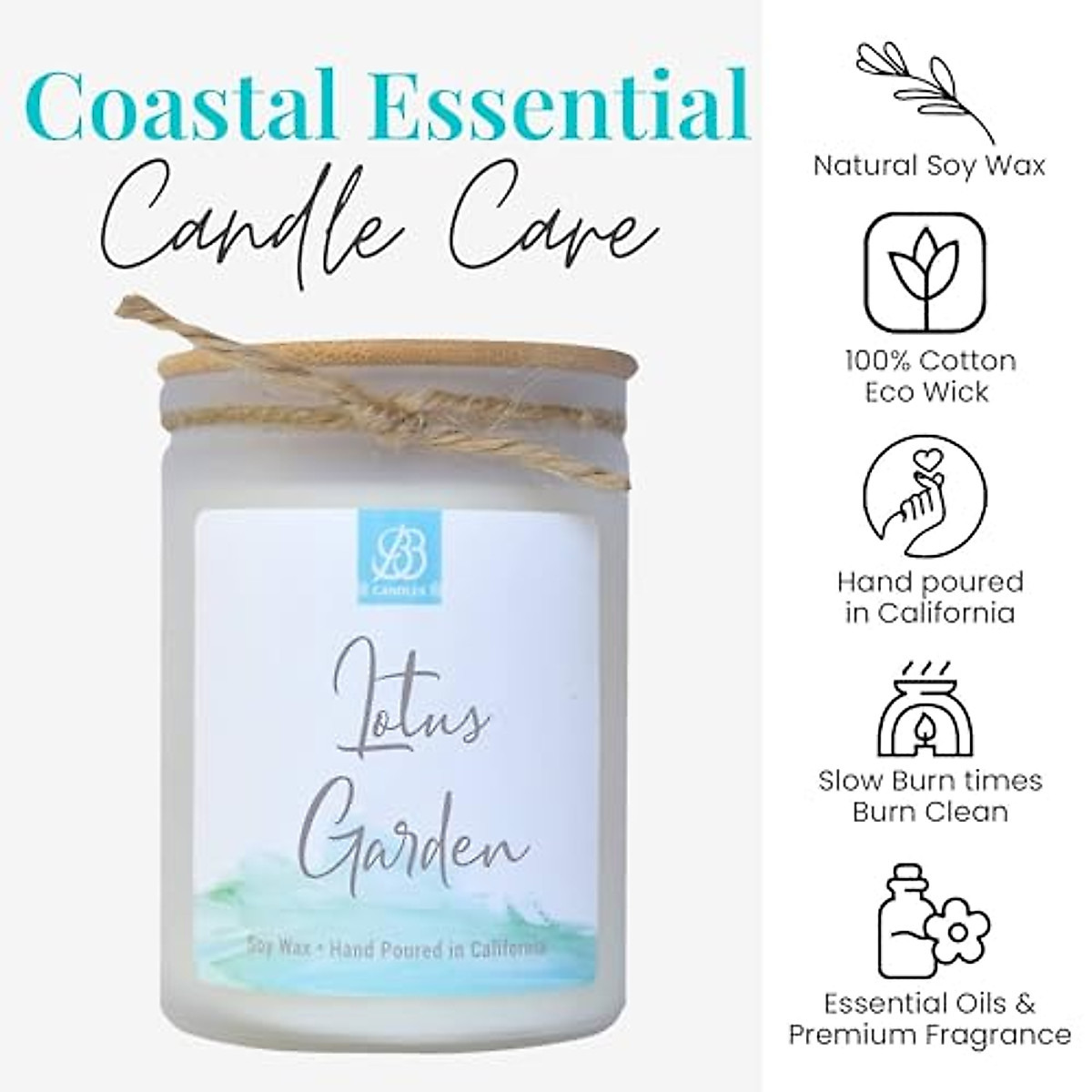 BB Candles Coastal Essentials Natural Soy Hand Poured Candle, Lotus Garden Scent, Fragrant Coastal Candle with Strong Scents, Artisan Candle, 12oz, 90+ Hours Burn Time