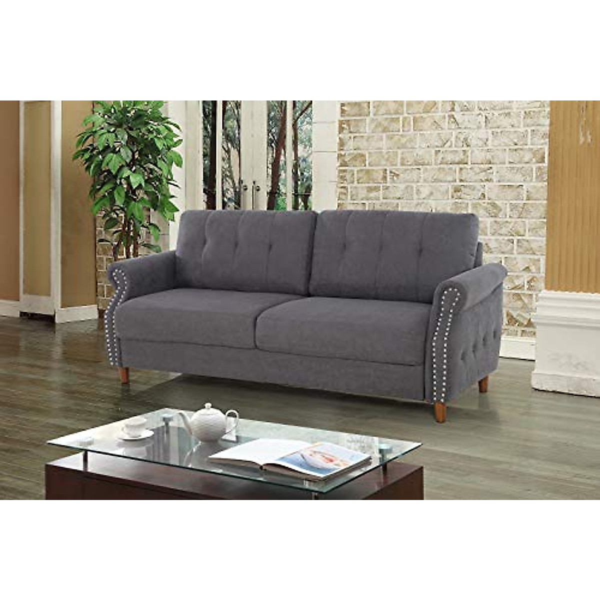 Container Furniture Direct Briscoe Ultra Modern Upholstered Button Tufted Back Living Room Loveseat, 79.53" Grey