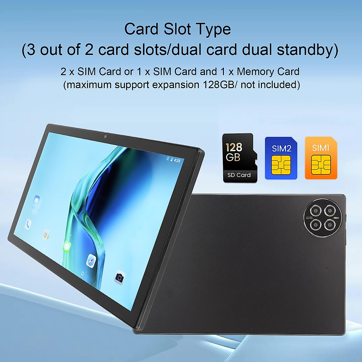 SHYEKYO WiFi Tablet, Smart Tablet 3200X1440 Resolution Front 8MP Rear 13MP Dual SIM Dual Standby 5G WiFi 10.1 Inch 8GB RAM 128GB ROM for Game for Studying (Black)