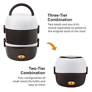 3 Layers Electric Warmer Lunch Box Food Heater Portable Bento Rice Cooker Office Lunch Containers Warming Home Food Grade Material Steamer with Stainless Steel Bowls, Egg Steaming Rack -Brown