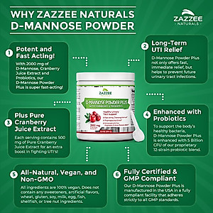 Zazzee D-Mannose Powder Plus, 2000 mg, 67 Servings, Potent & Fast-Acting, Plus 5 Billion CFU Probiotics and Pure Cranberry Juice Extract, Free Scoop, 6.5 Oz, Vegan, Gluten-Free, Non-GMO, All-Natural