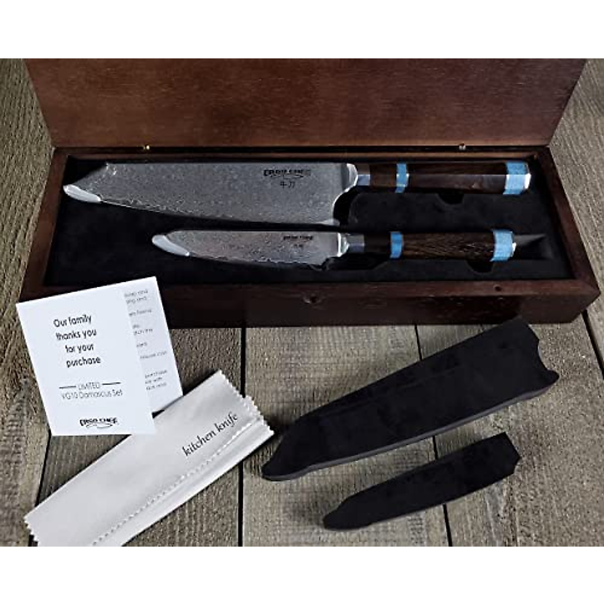 Ergo Chef Limited Series 2pc. Damascus Japanese VG10 8-inch Kiritsuke Knife and 5 inch Utility knife Set, Ebony and Blue Stabilized Wood Handles Includes Wooden Gift/Storage Box