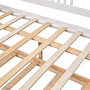 Lepfun Full Daybed with Twin Size Trundle, Wood Full Size Bed Frame with Rails in Three Sides, Full Sofa Bed for Living Room, Bedroom, Apartment, Dorm, No Box Spring Needed (Full, White)