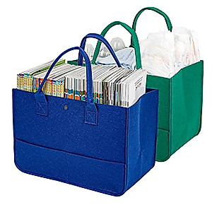Yesesion 2 Pack Portable Fabric Storage Basket with Handle, Collapsible Nursery Caddy Organizer for Baby Diaper, Bottle, Books, Magazine, Clothes, Toys, Paper File, Camping Use (Large - Blue/Green)