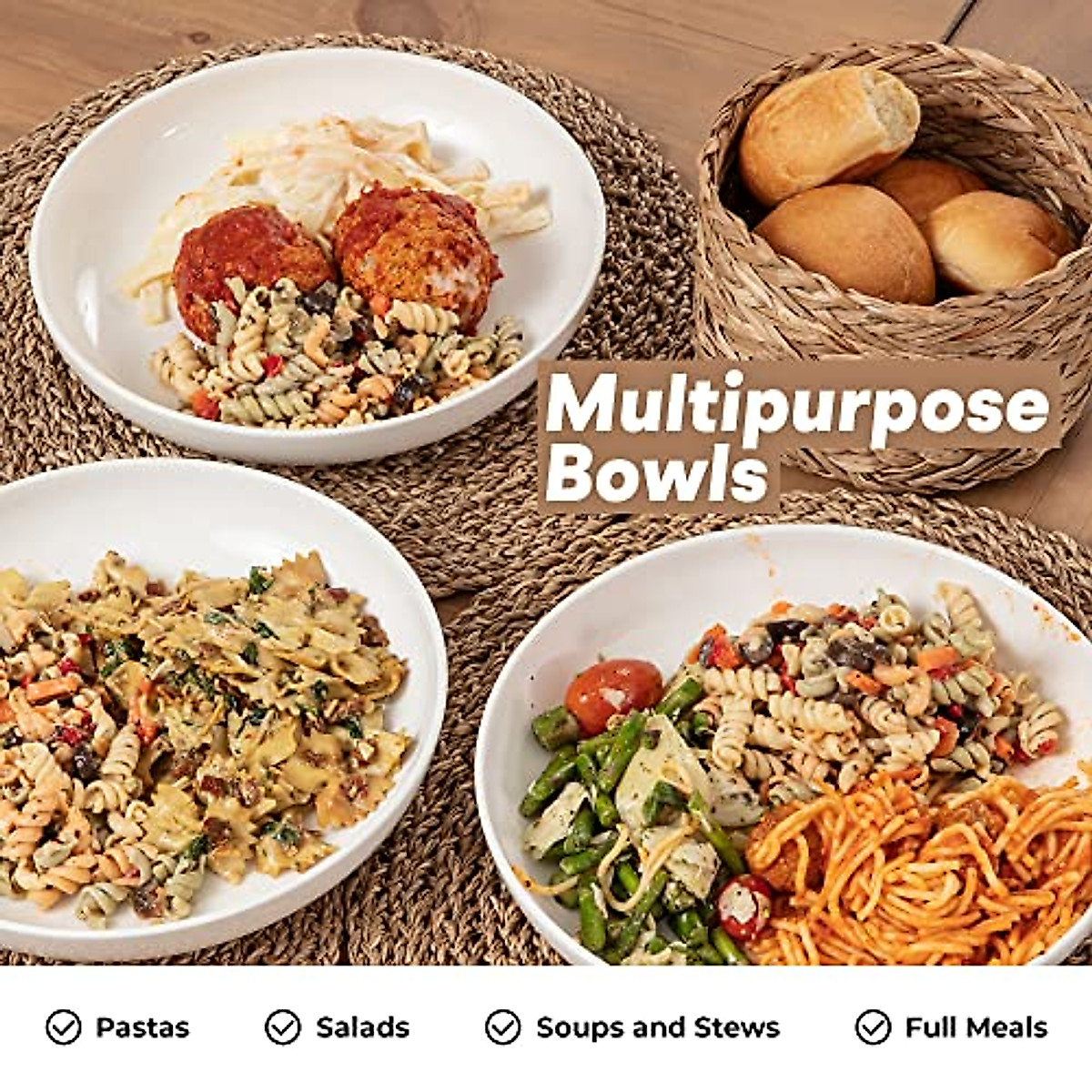 FAMHH 42 Oz Porcelain Large Pasta Bowl Set – Wide & Shallow for Salad Bowls, Soup Bowls, Pasta Bowls – 9.5x1.75 In. Ceramic Bowls Dish Set of 6 – Dishwasher & Microwave Safe Dinnerware Sets
