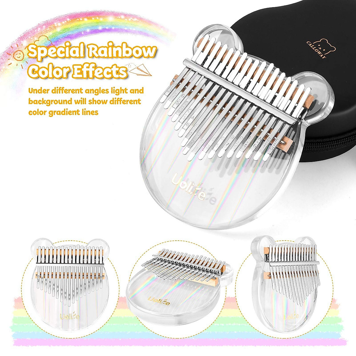 Kalimba Thumb Piano 17 Key,Rainbow Clear Crystal Acrylic Finger Piano Transparent Body Cute Bear Shaped Kalimba With Case Gifts for Kids Adult Beginners with Tuning Hammer (Rainbow)