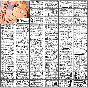 Yazhiji Tiny Temporary Tattoos - 60 Sheets Waterproof Fake Tattoo Flowers Stars Love Butterfly Words Inspirational Quotes Tattoos for Boys Girls Adults or Women