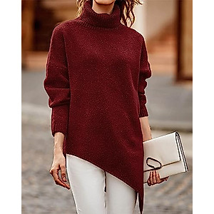 BTFBM Women Long Sleeve Turtleneck Knit Sweater Oversized Fall Winter Sweaters Casual Pullover Jumper Tops(Solid Wine Red, Large)