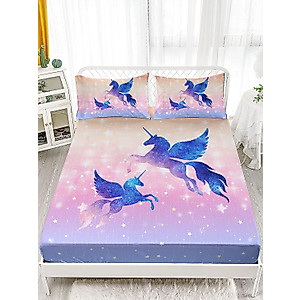Datura home Bedding Fitted Sheet and Flat Sheet Set 4Pcs Starry Sky Unicorn Printed Bedding Set with 1 Flat Sheet and 1 Fitted Sheet + 2 Pillowcases for Girls (Starry Sky Unicorn Full),Full 81x97 in