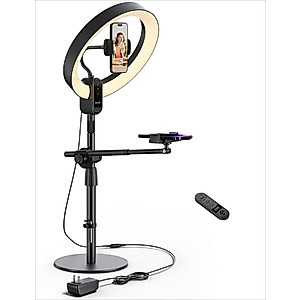 viozon Overhead Live Stand with 12" LED Ring Light, Outer 24W 6500K, Two Cellphone Holders Compatible with 3.5-6.7" Cellphones, Adjustable Height&Angle, Aluminum Alloy, for Live Stream/YouTube/TikTok