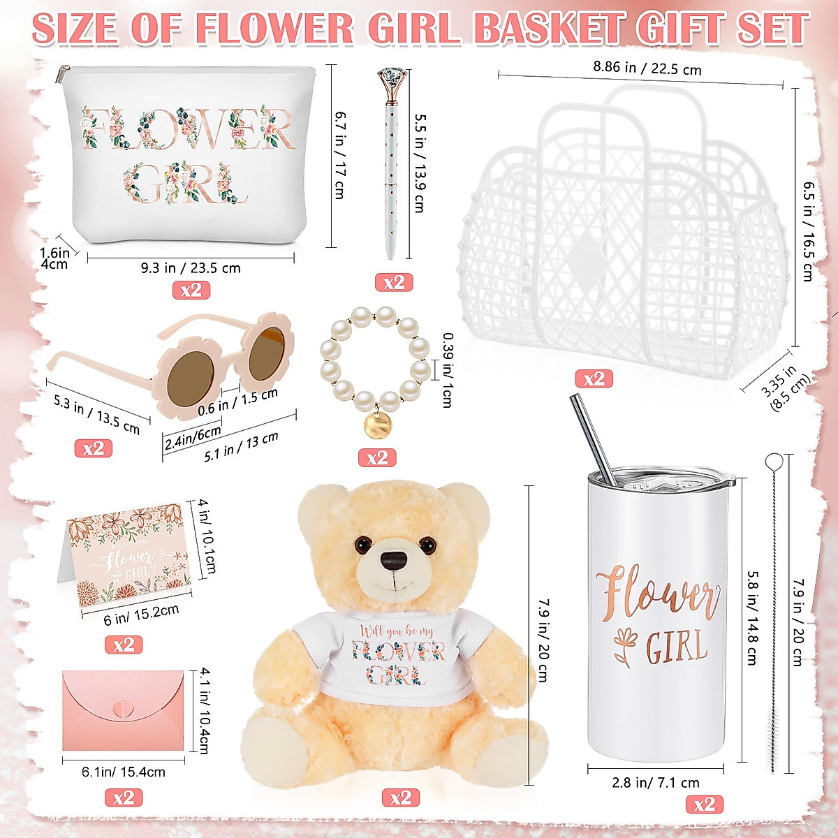 Sieral 2 Sets 18 Pcs Flower Girl Jelly Basket Set Including Flower Girl Tumbler Bear Sunglasses Makeup Bag Bracelet Proposal Card with Pen Envelope Plastic Handbag for Wedding Bridal Shower (White)