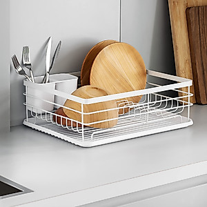 Navaris Dish Drainer Rack - Plate, Cutlery, Pots and Pans Drying Rack for Kitchen - Modern Retro Design Drip Tray with Metal Rack - White
